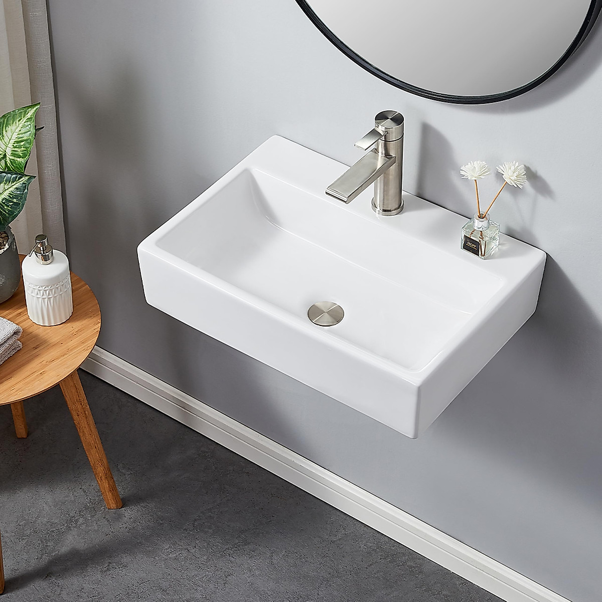 VCCUCINE Contemporary 21"x14" Porcelain Ceramic Wall Mounted Bathroom Vessel Sink,Modern White Floating or Countertop Rectangle Lavatory Art Basin with Faucet Hole Vanity Sink
