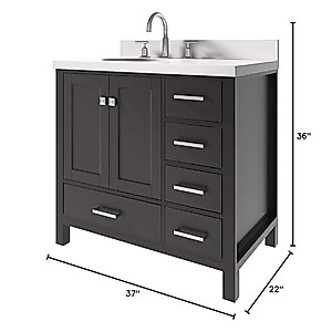 ARIEL Bathroom Vanity 37" Inch in Espresso with Pure White Quartz Counter-top, Left Offset Oval Sink, 2 Soft Closing Doors and 5 Full Extension Dovetail Drawers, No Mirror