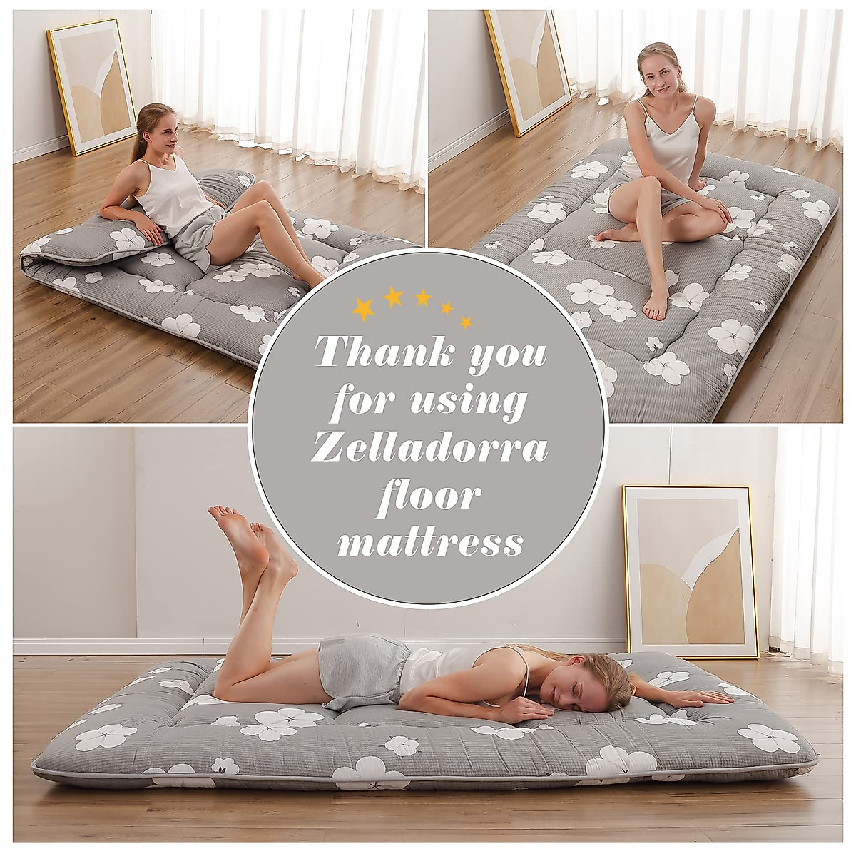 Zelladorra Japanese Floor Mattress, Futon Mattress with Portable Storage Bag and Washable Cover, Roll Up Thick Tatami Mat Suitable for Camping, Guest Room, Grey Cotton, Queen