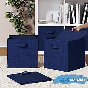 Neaterize 13x13 Inch Cube Storage Baskets, Textured Navy, Set of 6, Sturdy Fabric, Multi-Purpose, Collapsible Design, Eco-Friendly