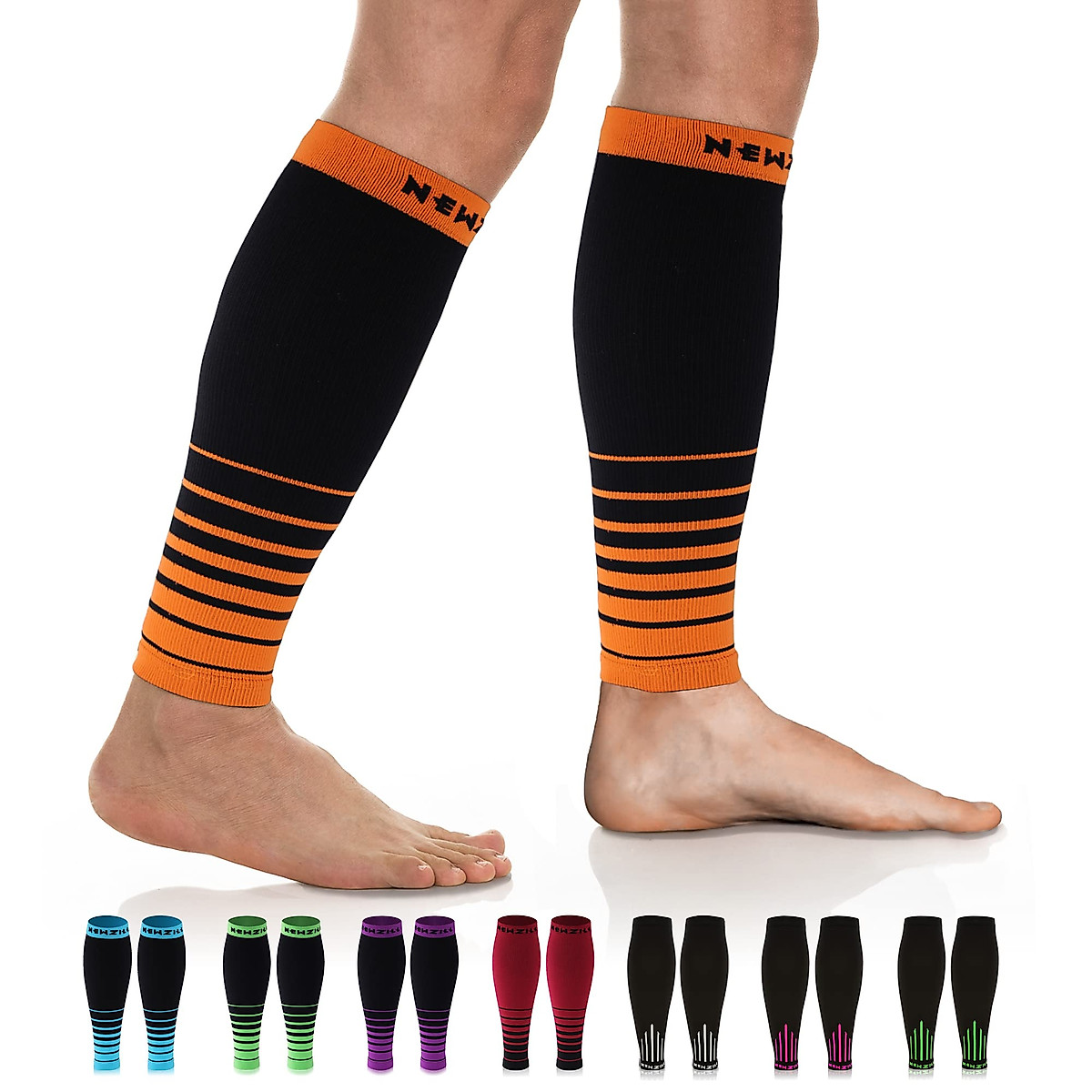 NEWZILL Compression Calf Sleeves (20-30mmHg) for Men & Women - Perfect Option to Our Compression Socks - for Running, Shin Splint, Medical, Travel, Nursing, Cycling (S/M, i-Black/Orange)