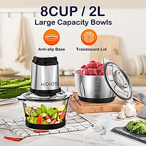 KOIOS 500W Powerful Electric Food Processor with 8 Cup Stainless Steel & Glass Bowls, 2 Speed Mode Electric Food Chopper with 2 Sets Blades Electric Meat Grinder Chopper for Family & Baby Use, Black