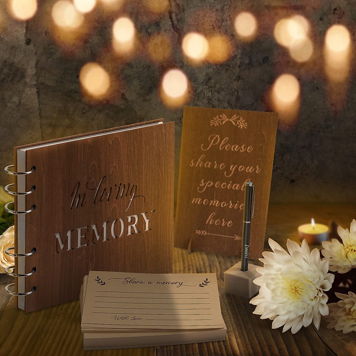 Creawoo Wooden Funeral Guest Book for Memorial Service Celebration of Life Decorations, Hardcover In Loving Memory Guestbook Set with White Pages, Included Share a Memory Cards, Table Sign, Pen (8.5")