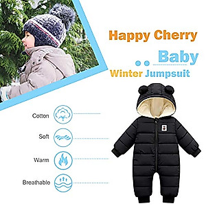 Happy Cherry Baby Infant Down Jumpsuit One Piece Windproof Jacket Hooded Zipper Romper Winter Puffer Snowsuit Soft One Piece Warm Coat for Boys Girls Black 12-18 Months