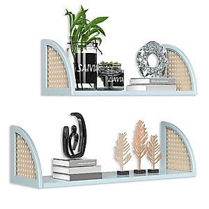 PJCOLL Floating Shelves for Wall,Rattan Wall Mounted Shelves for Wall Decor,Sturdy Wood Bathroom Shelves for Kitchen,Bedroom,Living Room,24.8 * 7.68 inch,Set of 2,Blue