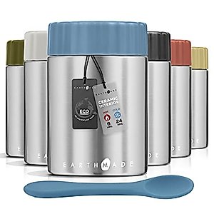Earthmade Stainless Steel Insulated Food Jar,13 oz Food Thermos for Hot Soup & Cold Fruit, Ceramic Interior Food Container, Silicone spoon Eco-Friendly