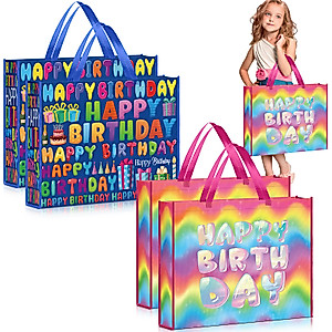 Kajaia Gift Bags, 4 Pcs Extra Large Birthday Party Favor Supplies, Non Woven Fabric, Reusable, Colorful Designs, 16 x 20 Inch, for Baby Shower, Kids, Events
