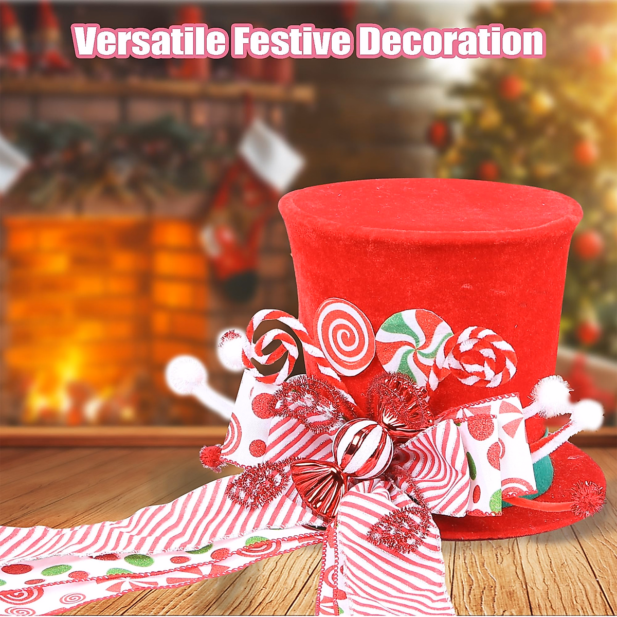 HMASYO Candy Cane Christmas Tree Topper, Large Red Tree Topper Hat with Candy Peppermint Bows Ribbon Ornament, Top Hat Christmas Tree Topper for Home Office Holiday Tree Decoration Xmas Gift