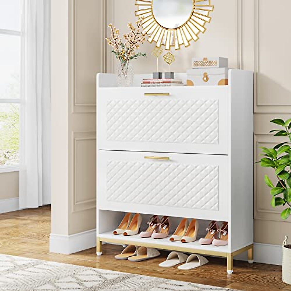 Tribesigns 2 Flip Drawers Shoe Cabinet,Modern Freestanding Tipping Bucket Shoes Storage Organizer Cabinets with Open Shelf for Entryway,Bedroom