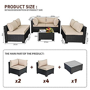 Valita 7 Piece Outdoor PE Wicker Furniture Set, Patio Black Rattan Sectional Sofa Couch with Washable Khaki Cushions…