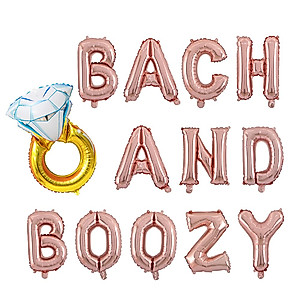 AnnoDeel Bach and Boozy Foil Balloons Banner, 16inch Rose Gold Letter Mylar Balloons Big Diamond Ring Balloon for Bride Shower Bacheloretter Party Decor