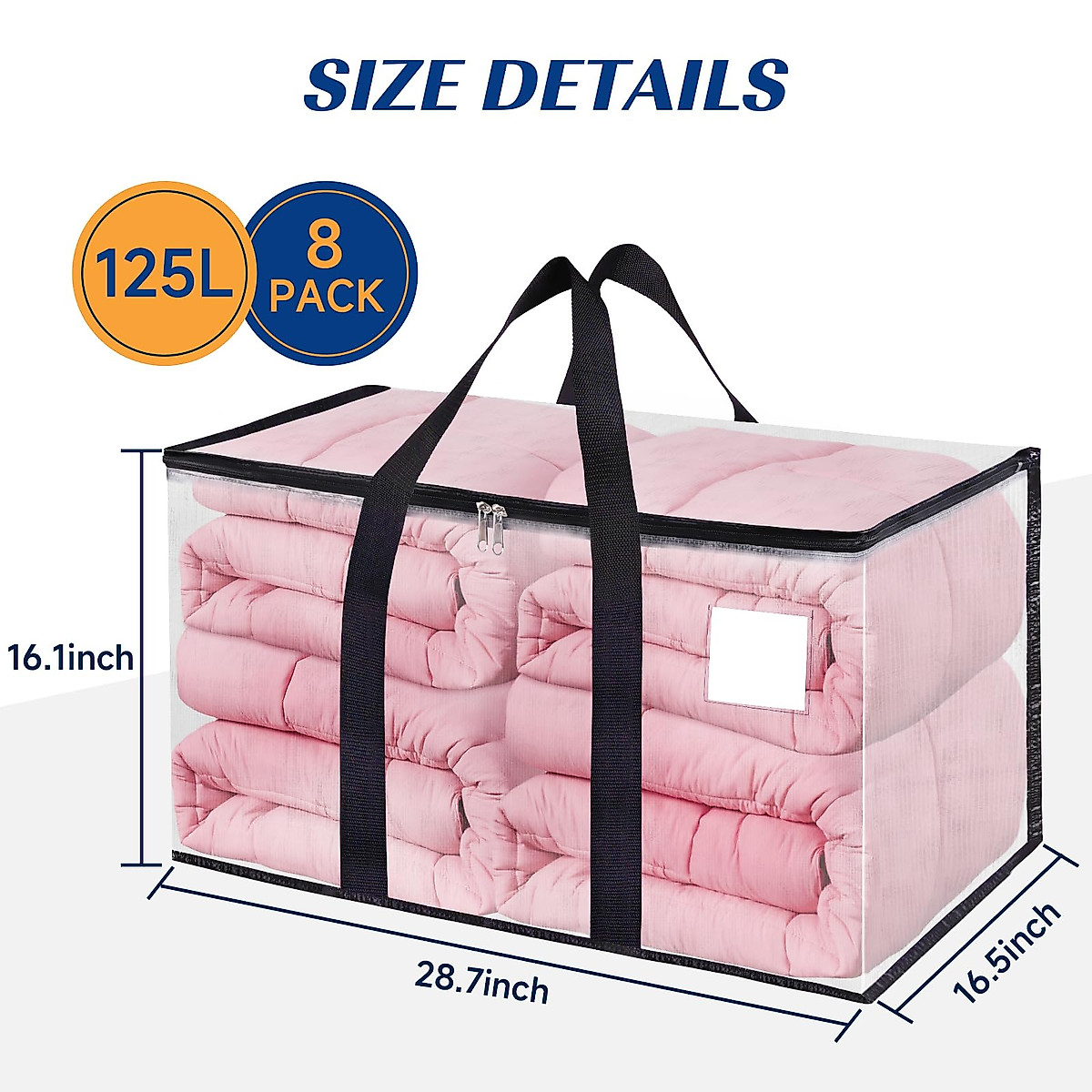 BlissTotes Moving Bags, 8-Pack Storage Bags with Zipper, Moving Bags Heavy Duty Extra Large, Moving Supplies, Clear Packing Bags, Reinforced Handles and Tag Pocket & Collapsible Moving Bags (125L)