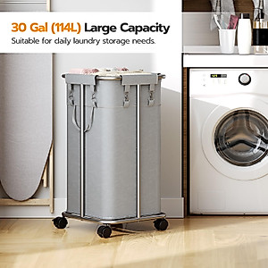 HOOBRO Laundry Basket with Wheels, 30 Gallons (114 L) Rolling Laundry Hamper, Narrow Slim Laundry Sorter with Removable Oxford Fabric Bag, Laundry Room, Dorm Room, Bedroom, Gray and Silver SG06XY01