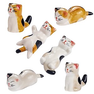 ORYOUGO Set of 6 Cute Cat Ceramic Chopsticks Holder Rest for Dinner Spoon,Fork,Knife,Tableware