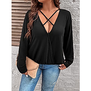 WDIRARA Women's Plus Size Criss Cross Wrap Deep V Neck Long Sleeve Tee T Shirt Black 2XL
