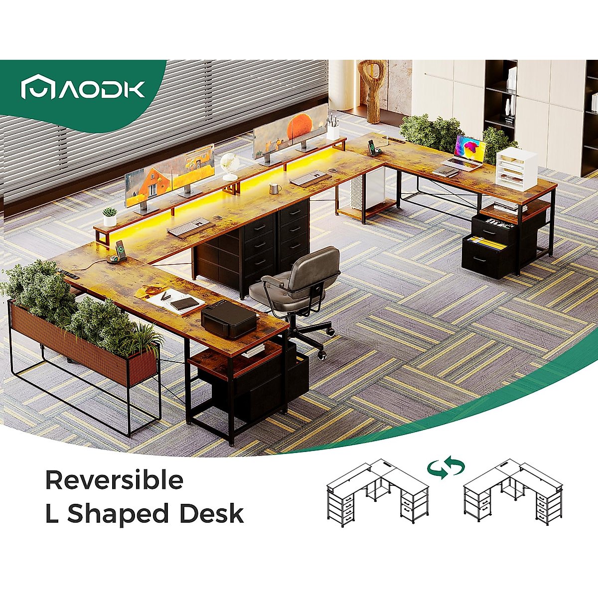 AODK 66" L Shaped Computer Desk, 113“ Reversible Home Office Desk with File Cabinet & 4 Fabric Drawers, Two Person Desk with LED Lights & Power Outlet, Corner Gaming Desk with Monitor Shelf, Vintage