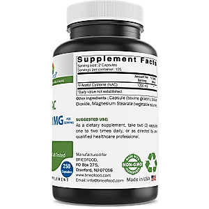 Brieofood NAC Supplement N-Acetyl Cysteine 1200 mg per Serving 250 Capsules - Immune Support Supplement