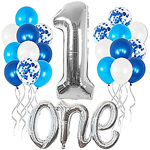 XtraLarge, Blue Foil Fringe Curtain - 8x3.2 Feet, Pack of 2 | Huge Silver 1 Balloon for First Birthday - Pack of 22 | Blue Fringe Curtain, First Birthday Balloons for 1st Birthday Decorations for Boys