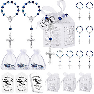 Yinkin 100 Pcs Baptism Favors Set Baptism Rosary Set Including 25 Mini Rosary Baptism Favors 25 Organza Bags 25 Thank Kraft Tags 25 Baptism Favor Boxes for Wedding Supplies Gifts(Blue)