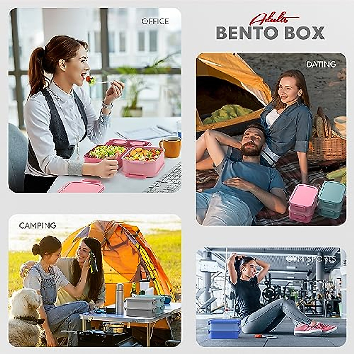 Jelife Adult Bento Box Lunch Box - 3 Layers Leak-Proof Stackable Bento Lunch Box for Adults, 72oz Large-Style All-in-One Bento Boxes Lunchbox with Utensil Sauce Containers for Dining Out,Work, Grey