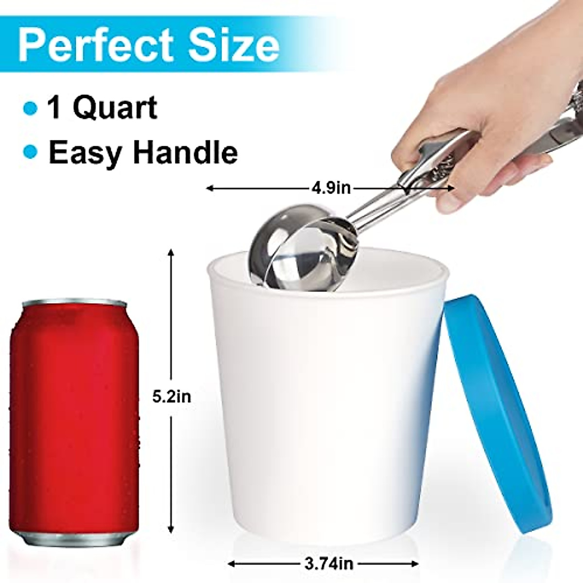 DUNCHATY Ice Cream Containers (Set of 2, 1 Quart Each) Freezer Dessert Containers Reusable Ice Cream Storage Cups with Silicone Lids for Homemade IceCream Frozen Yogurt Sorbet Blue