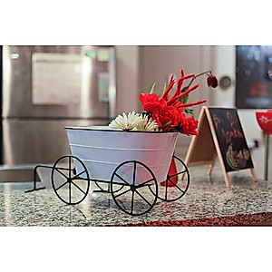 Zeckos Charming White Enamelware Metal Farmhouse Style Decorative Wagon Garden Planter - Rustic Elegance for Gardens, Patios and Porches - Indoor/Outdoor - 19.5 Inches Long