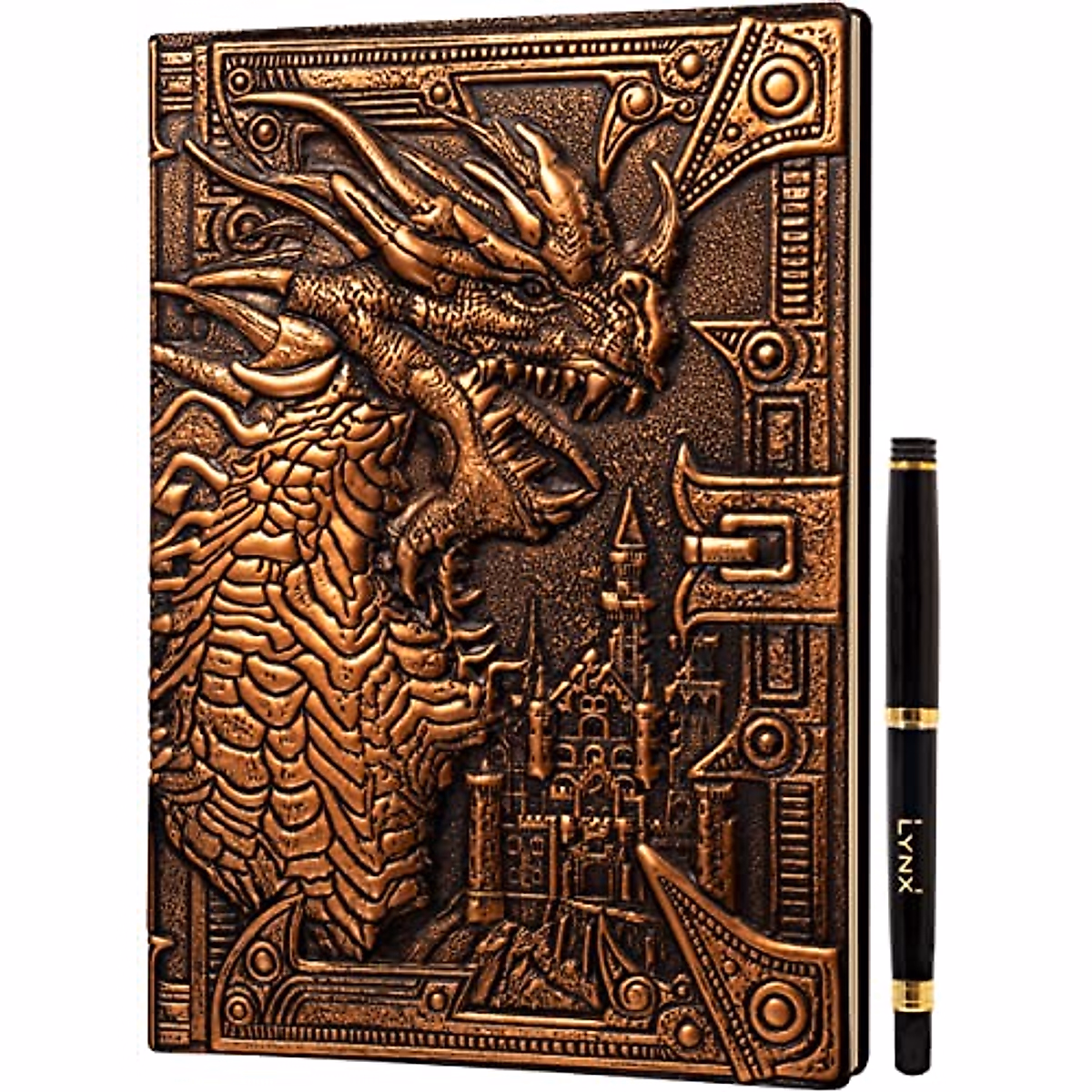 DND Notebook / Journal, Unique 200 Page Book with 3D Bronze Dragon Embossed Faux Leather Cover with Pen- Ideal for Dungeons & Dragons / D&D. Great RPG Accessories Nerdy Fantasy Gift for DM's & Players, Men or Women.