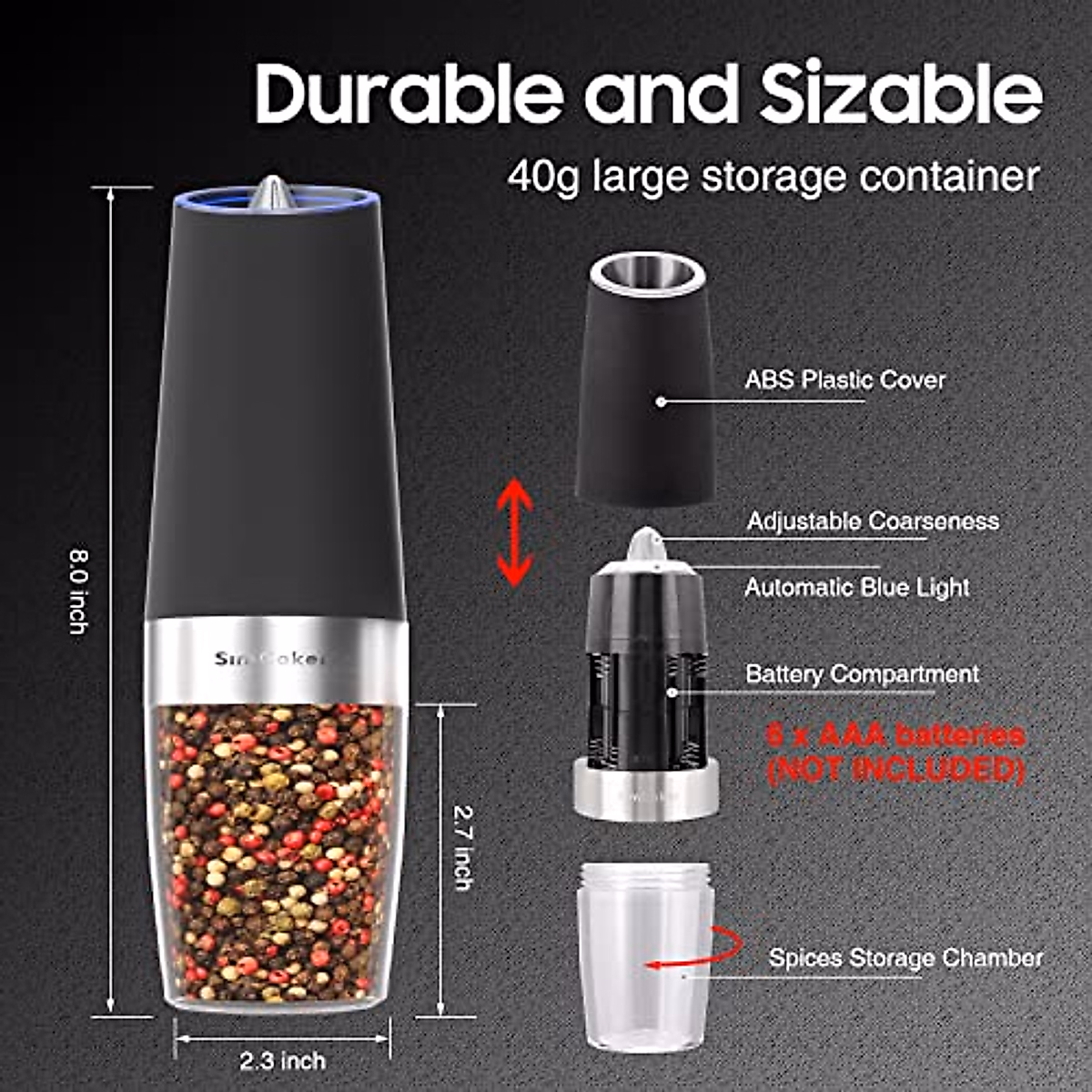 SimCoker Gravity Electric Salt and Pepper Grinder Set, Automatic Salt and Pepper Grinder Set Battery Operated, Adjustable Coarseness with LED Light, One Hand Automatic Operation, Spoon, Black, 2 Pack