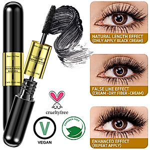 Mascara Black Volume and Length - Double Ended Mascara Voluminous Thick Curling with Dry Fiber, Waterproof Long-Lasting Mascara 5X Longer False Eyelash Comb Black