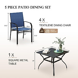 HERA'S HOUSE 5 Pieces Patio Dining Set, Outdoor Table and Chairs Set for 4, 4 x Blue Textilene Dining Chair, 37" Square Metal Dining Table, for Lawn Garden Backyard Deck