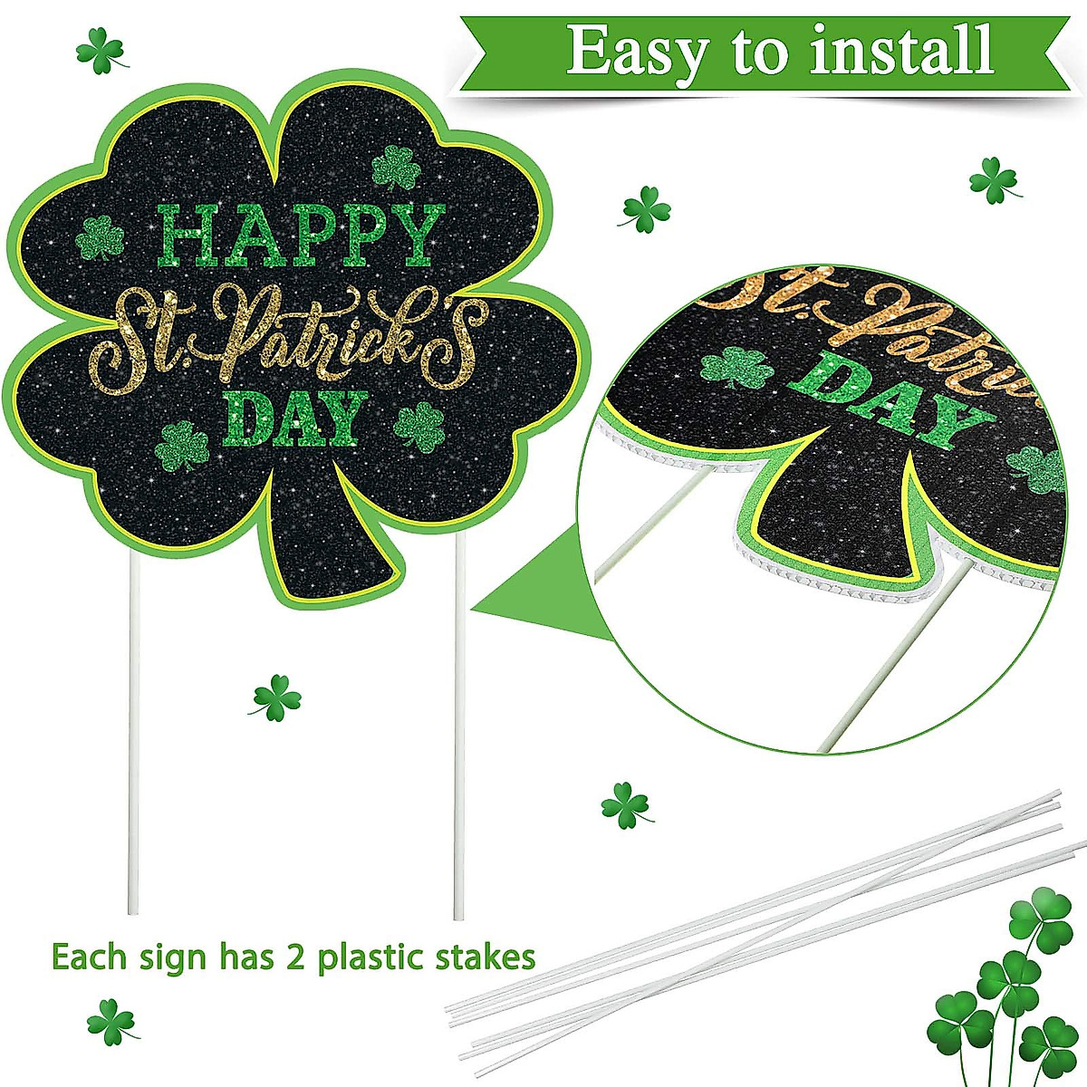 3 Pieces St. Patrick's Day Yard Signs with Stakes, St. Patrick's Day Clover Signs Outdoor Lawn Decorations Irish Leprechaun Horseshoe Shamrock with Happy St Patrick's Day Sign with Stakes