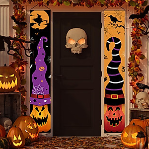 Halloween Pumpkin Porch Door Banners Decorations Pumpkin with Witch Hats Hanging Signs for Happy Halloween Outdoor Indoor Porch Decor for Front Door Outside Yard Welcome Home Wall Party Supplies