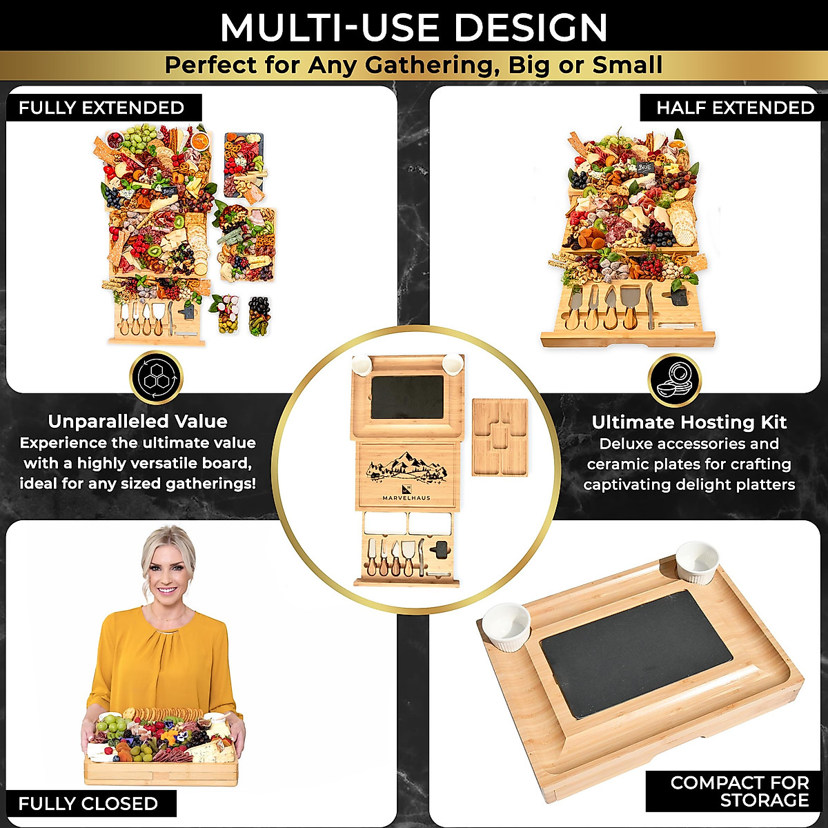 MARVELHAUS Large Charcuterie Board 19 pcs accessories, Cheese Board With Mountain Scene, Cheese Board & Knife Set, Bamboo Charcuterie Boards, Cheese Servers-Unique House Warming New Home, Wedding Gift