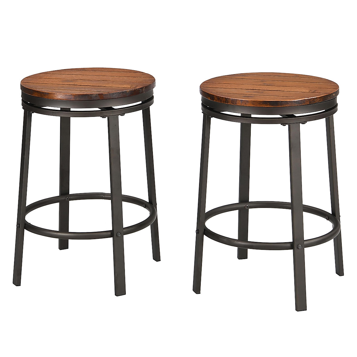 O&K FURNITURE 24-Inch Backless Swivel Bar Stools Counter Height, Industrial Stools for Kitchen Counter, Wood and Metal Bar Stool Chairs Set of 2, Dark Brown