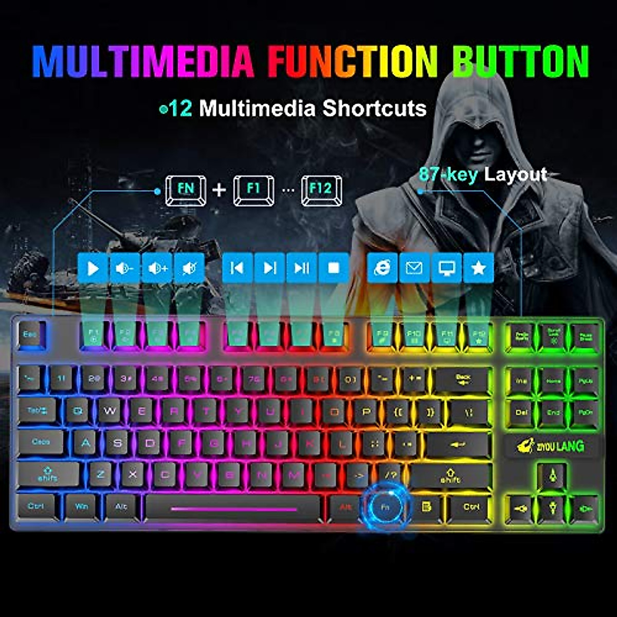 Wireless Gaming Keyboard and Mouse Combo with 87 Key Rainbow LED Backlight Rechargeable 3800mAh Battery Mechanical Feel Anti-ghosting Ergonomic Waterproof RGB Mute Mice for Computer PC Gamer (Black)