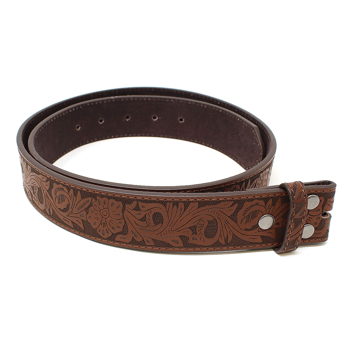 BC Belts Womens Leather Belt Strap with Embossed Western Flowers Pattern 1.5" Wide with Snaps (Brown-L)