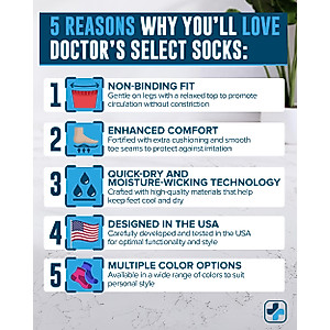 Doctor's Select Diabetic Socks for Men - 4 Pairs Crew Diabetic Neuropathy Socks for Men | Navy, Green, Blue, Gray | Non Binding Mens Diabetic Socks for Moisture Management