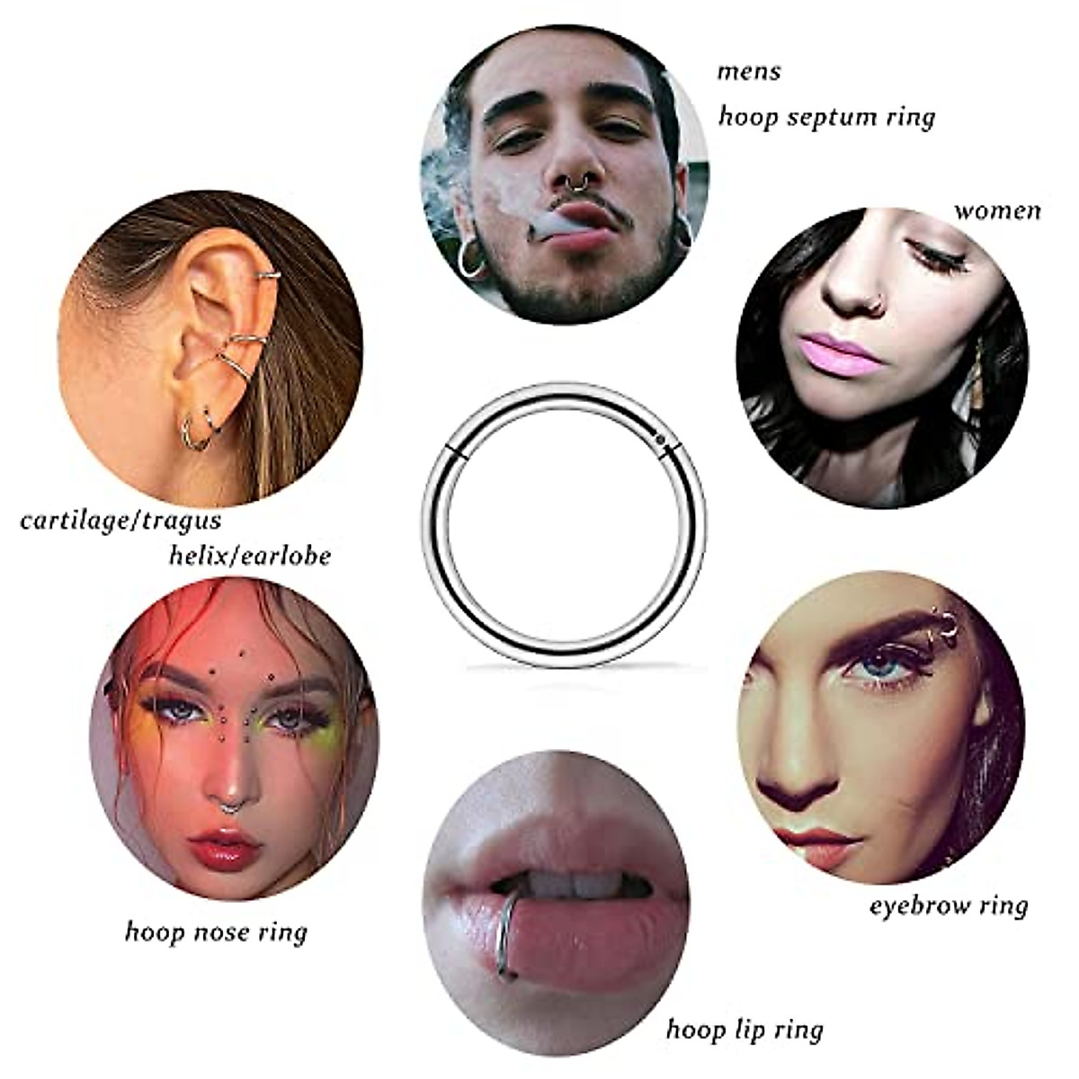 Vsnnsns 16G Stainless Steel Hinged Segment Clicker Nose Rings Hoops Septum Jewelry Lip Ring Hoop Cartilage Tragus Conch Helix Rook Hoop Earrings Piercing Jewelry for Women Men 10MM Mix Colro 16 Gauge