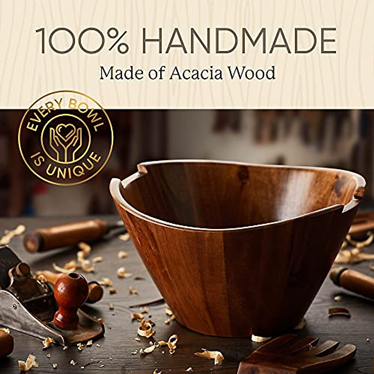 Wooden salad bowl set with serving forks mixing - magnetic serving utensils attached to large acacia wood bowl for 6-8 helpings - unique wood bowl - strong and leak proof with fabric bag