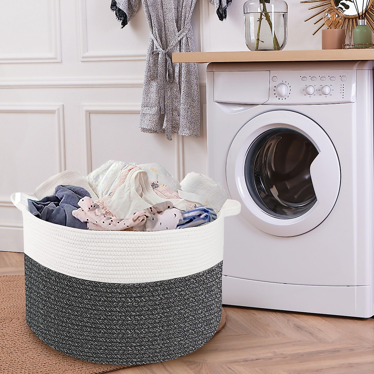 MXMHOME XXXLarge Woven Rope Basket With Handles, 23.6”x23.6”x14.1” Basket for Blankets for Living Room, Large Baby Toy Storage Basket, Wicker Woven Big Round Laundry Basket Hamper