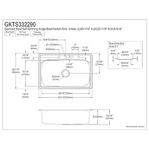 Kingston Brass Gourmetier GKTS332290 Studio Self Rimming Single Bowl Sink, 33-Inch L x 22-Inch W x 9-Inch H, Brushed Stainless Steel