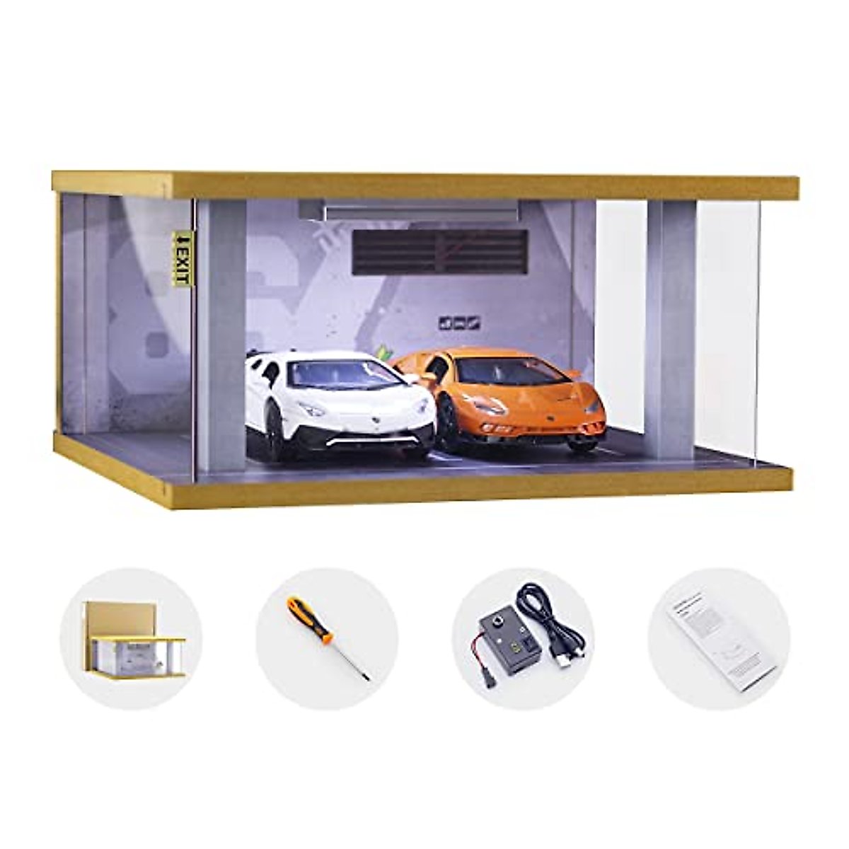 SIKIVOT 1：32 Car Display Case，Diecast Garage Scene Display， Scale Garage Display Case，2 Parking Space with LED Light and Acrylic Cover (7332Number 86)