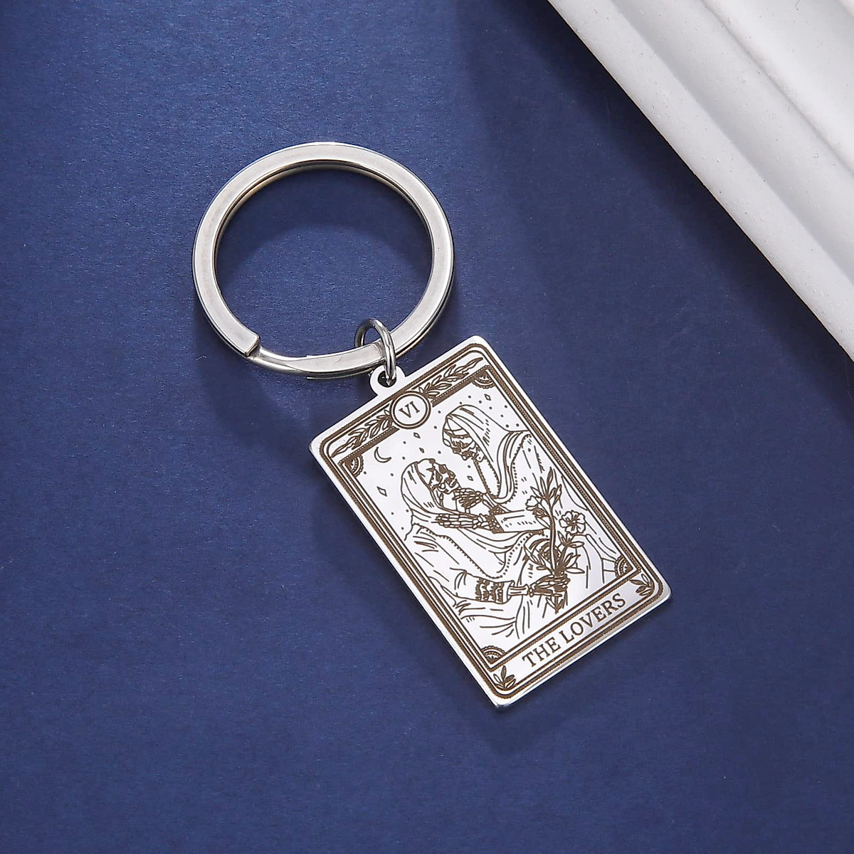 TEAMER Skeleton Tarot Cards Keychains Stainless Steel Amulet Marigold Tarot Card Major Arcana Keyring for Keys Cars Bags (Steel Color-THE LOVERS)