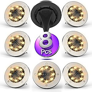 Solar Lights Outdoor, Disk Lights Solar Powered - 8 Led, Outdoor in-ground Solar Lights for Landscape, Walkway, Lawn, Steps Decks, Pathway Yard Stairs Fences, LED lamp, Waterproof (Warm White-8pcs)