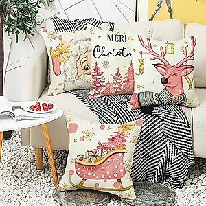 wyooxoo Christmas Pillow Covers 16x16 Inch Set of 4 Christmas Tree Reindeer Pink Decorations Throw Pillow Covers Winter Holiday Decor Linen Pillowcase for Sofa Couch Home Decor (16" x 16", Pink)