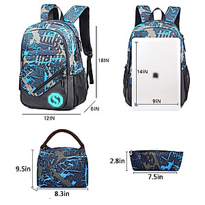 Pawsky School Backpack for Boys, 14 Inch Laptop Backpack with USB Charging Port, Anti-theft Lock, Lunch Bag & Pencil Case, Lightweight Water Resistant Bookbag Daypack