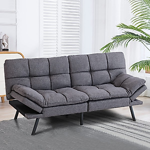 Vyfipt Futon Bed/Couch,Grey Polyester Memory Foam Small Splitback, Easy-Convert Backrests&Armrests,Stain-Resistant Fabric Sofas, 71x33x31.5