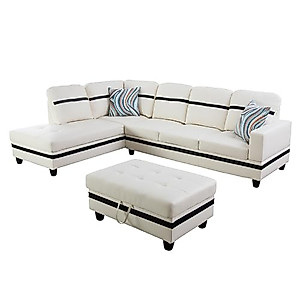 NOTOP 3-Piece Faux Leather L-Shaped Sectional Sofas, Button Tufted Upholstered Couch Set with Left Chaise Longue and Storage Ottoman, for Living Room, Home, Office, White-Black