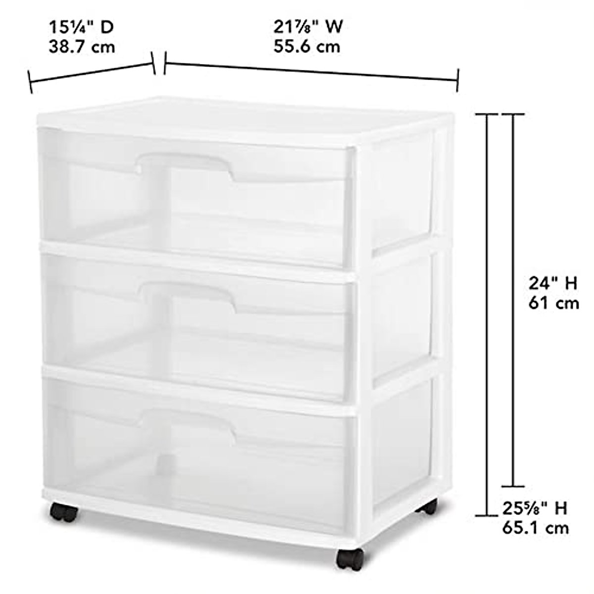 Sterilite 29308001 Home 3 Drawer Wide Storage Cart Portable Clear Container with Adjustable Casters for Home Organization and Storage, (2 Pack)