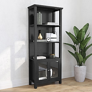 Merrick Lane Omaha Storage Cabinet Bookcase, Modern Farmhouse Cabinet with Open Shelves, Lower Storage Cabinet with Glass Doors, 67.75", Black